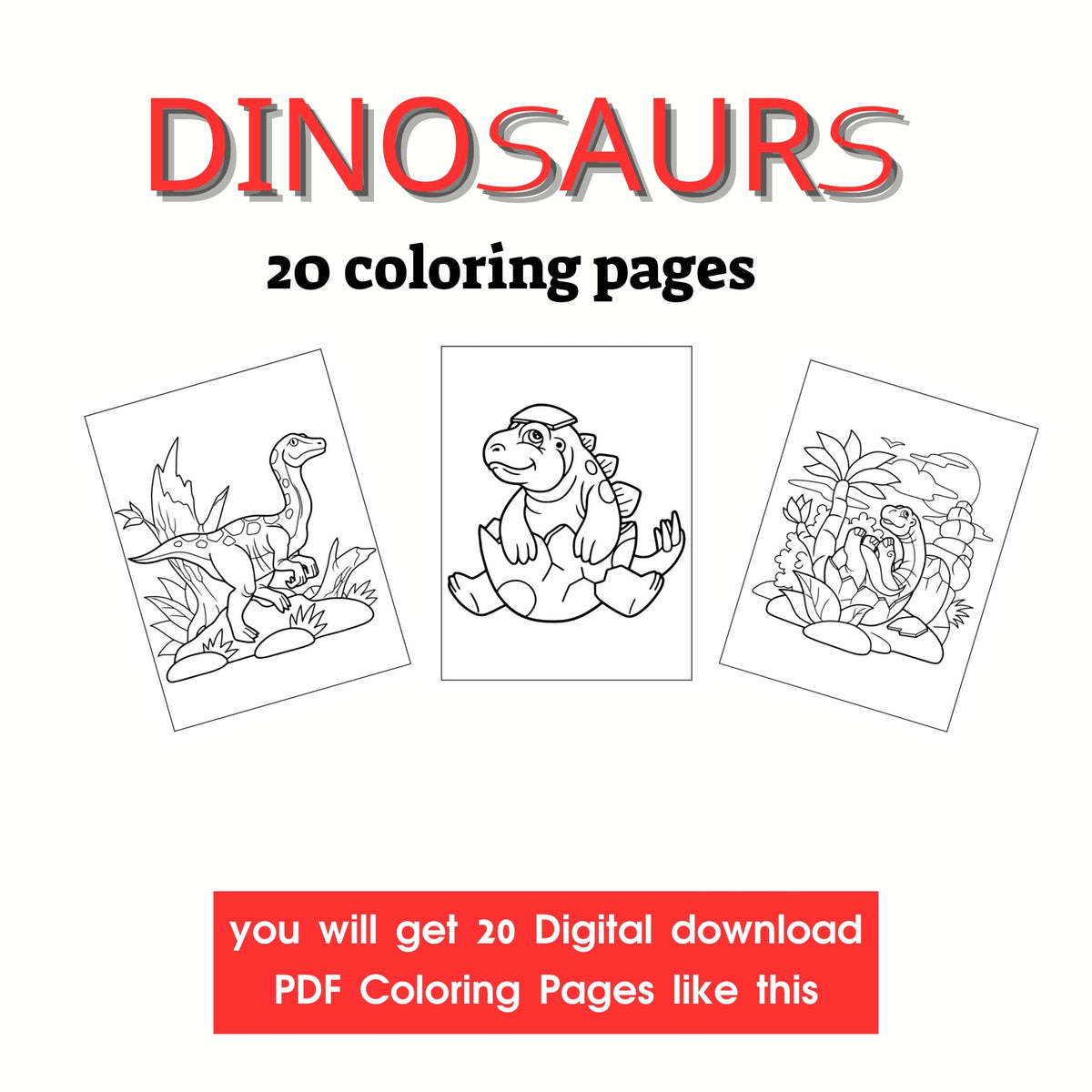 Dinosaurs 20 Coloring Pages, Printable PDF pages, Dinosaurs Activities ...